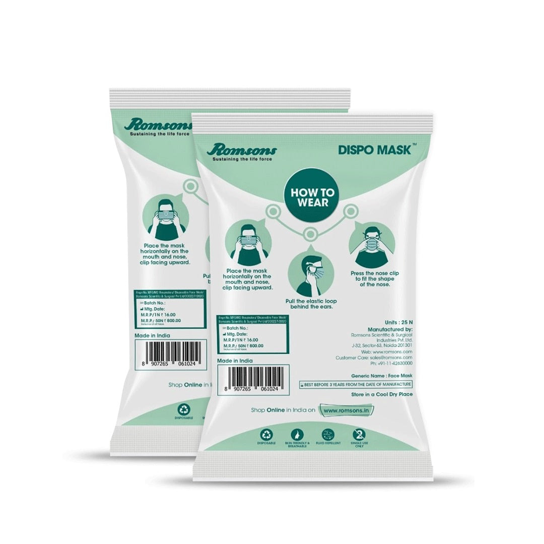 Romsons Dispo Mask 100% Disposable Face Mask-Safe & Hygienic 3 Layers ...
